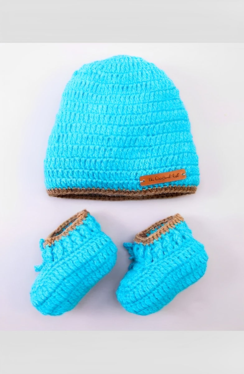 Handmade Cap with Booties- Blue & Beige – The Original Knit