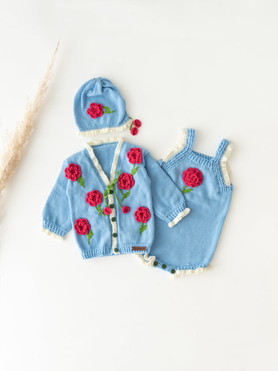 Flower Embellished Romper Set- Blue & Red – The Original Knit